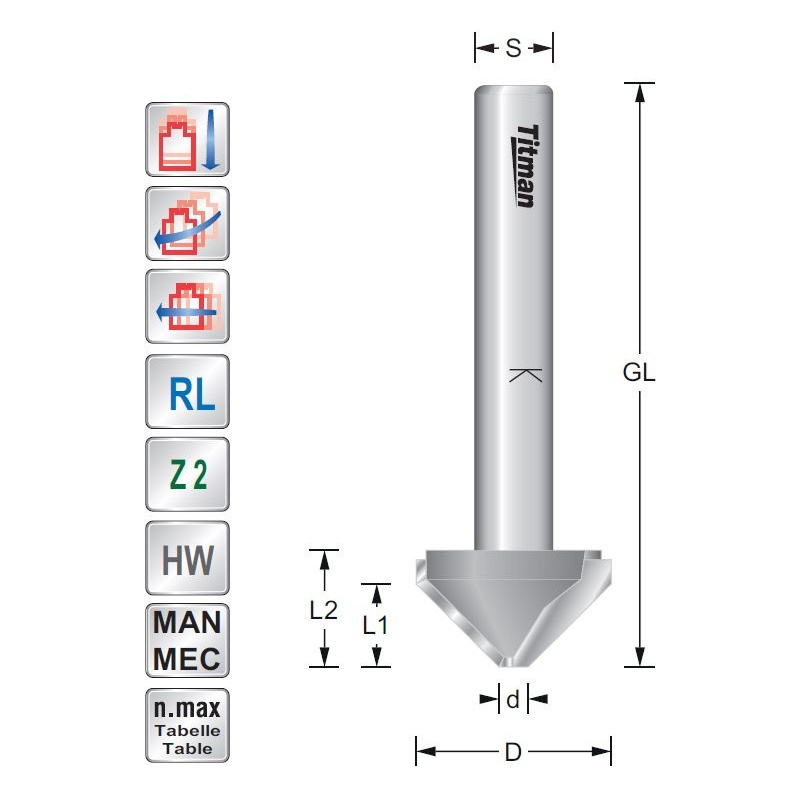 V-Groove cutter 135° S8mm for ALUCOBOND, DiBOND, REYNOBOND | Titman Tools